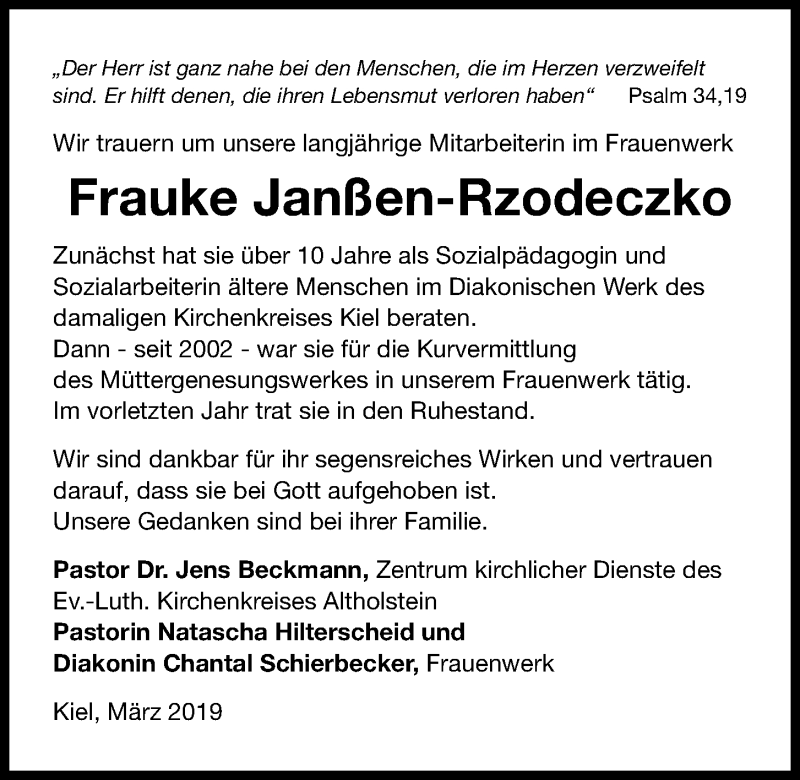 Traueranzeigen von Frauke Janßen-Rzodeczko | trauer-anzeigen.de