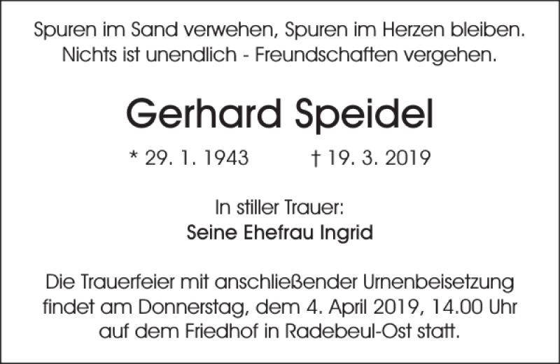 Traueranzeigen von Gerhard Speidel | trauer-anzeigen.de