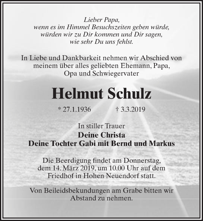 Traueranzeigen von Helmut Schulz | trauer-anzeigen.de