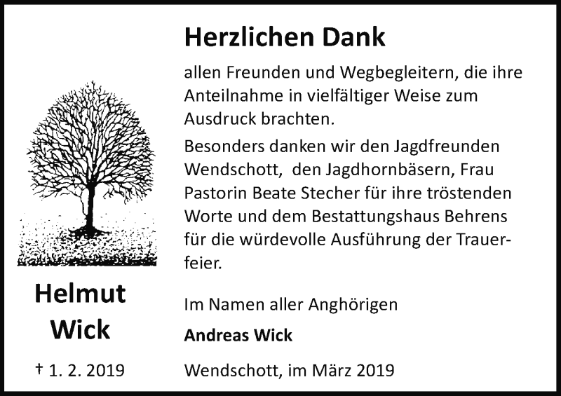 Traueranzeigen von Helmut Wick | trauer-anzeigen.de