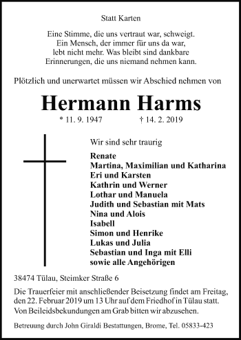 Traueranzeigen von Hermann Harms | trauer-anzeigen.de