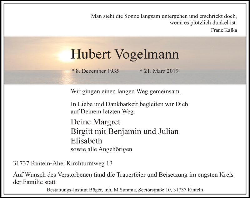 Traueranzeigen von Hubert Vogelmann | trauer-anzeigen.de