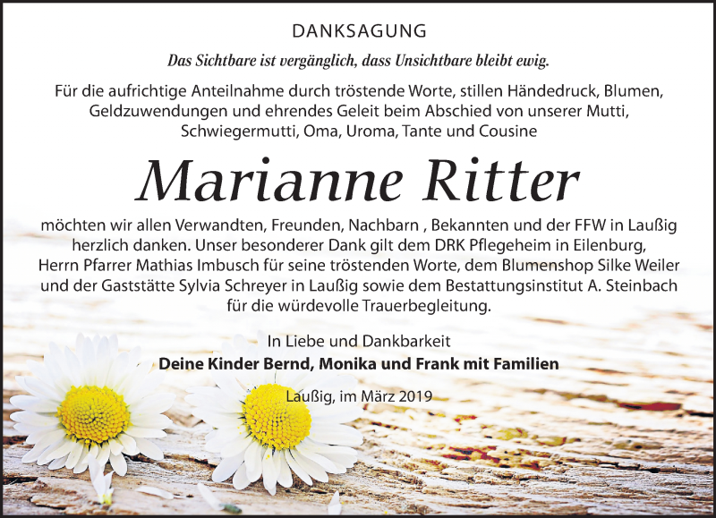 Traueranzeigen von Marianne Ritter | trauer-anzeigen.de