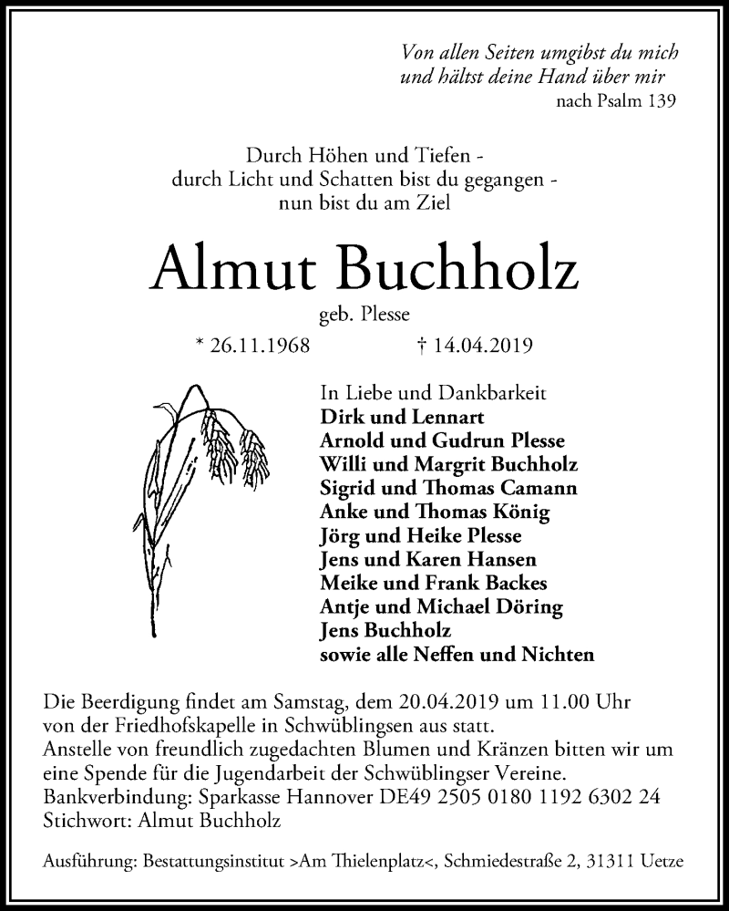 Traueranzeigen von Almut Buchholz | trauer-anzeigen.de