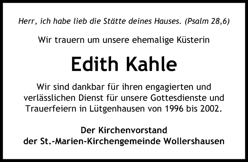 Traueranzeigen von Edith Kahle | trauer-anzeigen.de