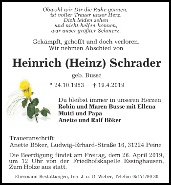 Traueranzeigen von Heinrich Heinz Schrader | trauer-anzeigen.de