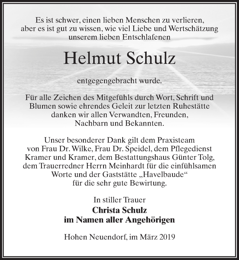 Traueranzeigen von Helmut Schulz | trauer-anzeigen.de