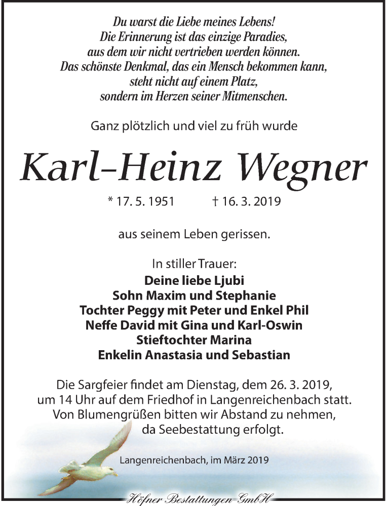 Traueranzeigen von Karl-Heinz Wegner | trauer-anzeigen.de