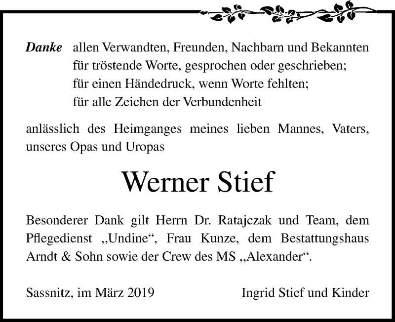 Traueranzeigen von Werner Stief | trauer-anzeigen.de