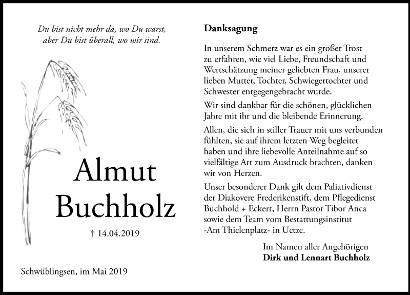 Traueranzeigen von Almut Buchholz | trauer-anzeigen.de