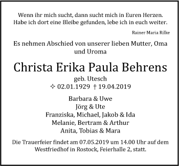 Traueranzeigen von Christa Erika Paula Behrens | trauer-anzeigen.de