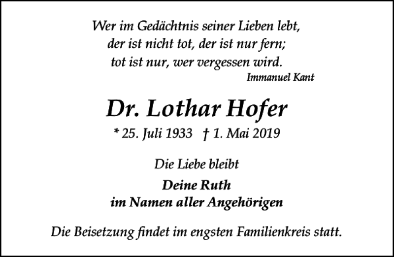 Traueranzeigen von Dr. Lothar Hofer | trauer-anzeigen.de