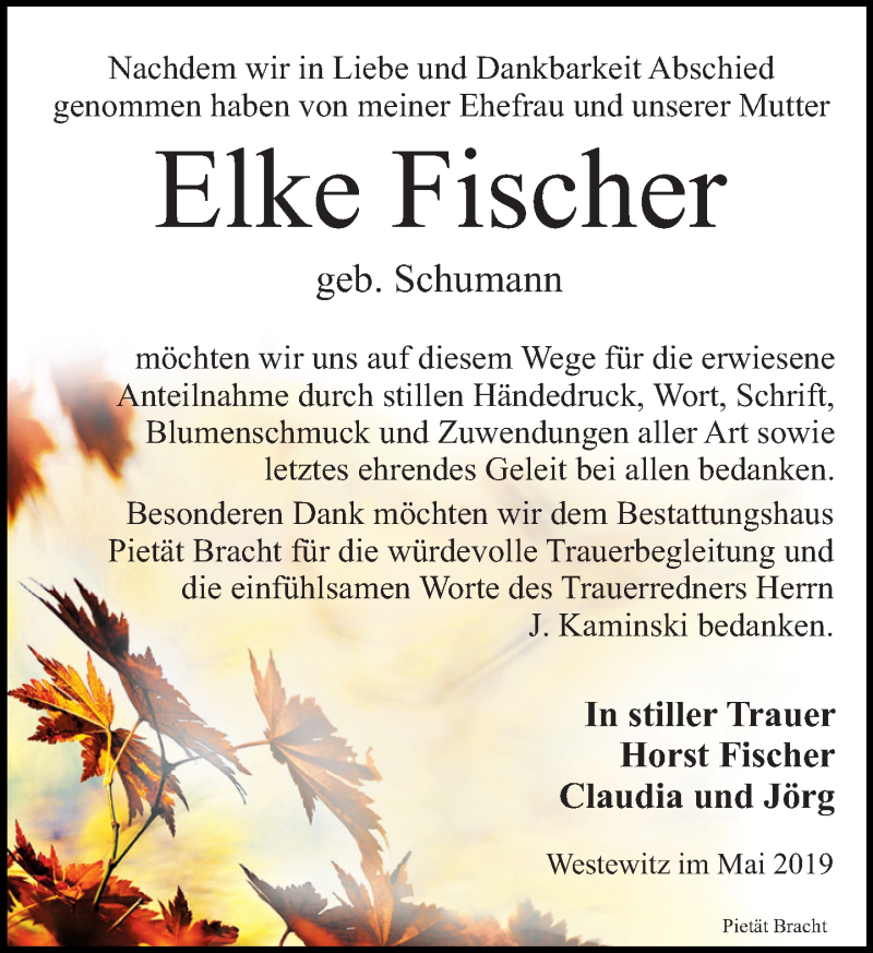 Traueranzeigen von Elke Fischer | trauer-anzeigen.de