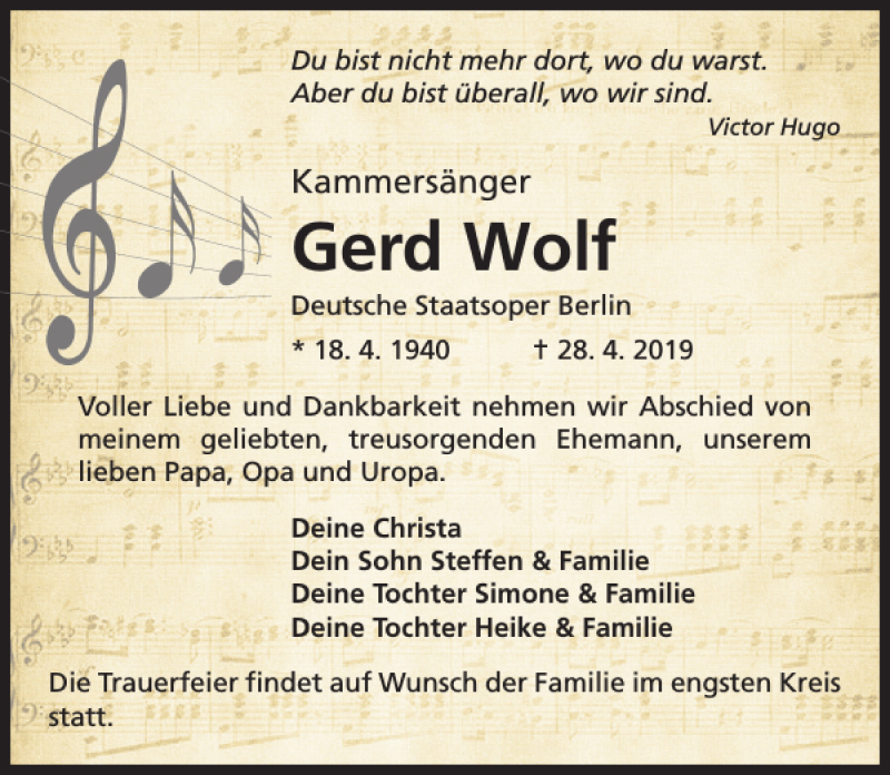 Traueranzeigen von Gerd Wolf | trauer-anzeigen.de