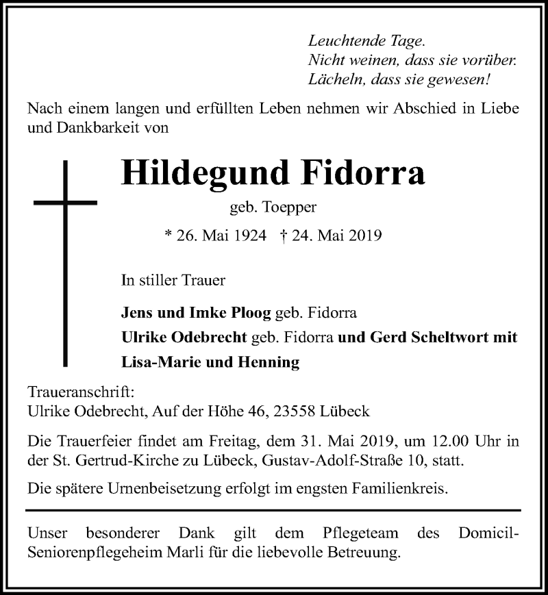 Traueranzeigen von Hildegund Fidorra | trauer-anzeigen.de