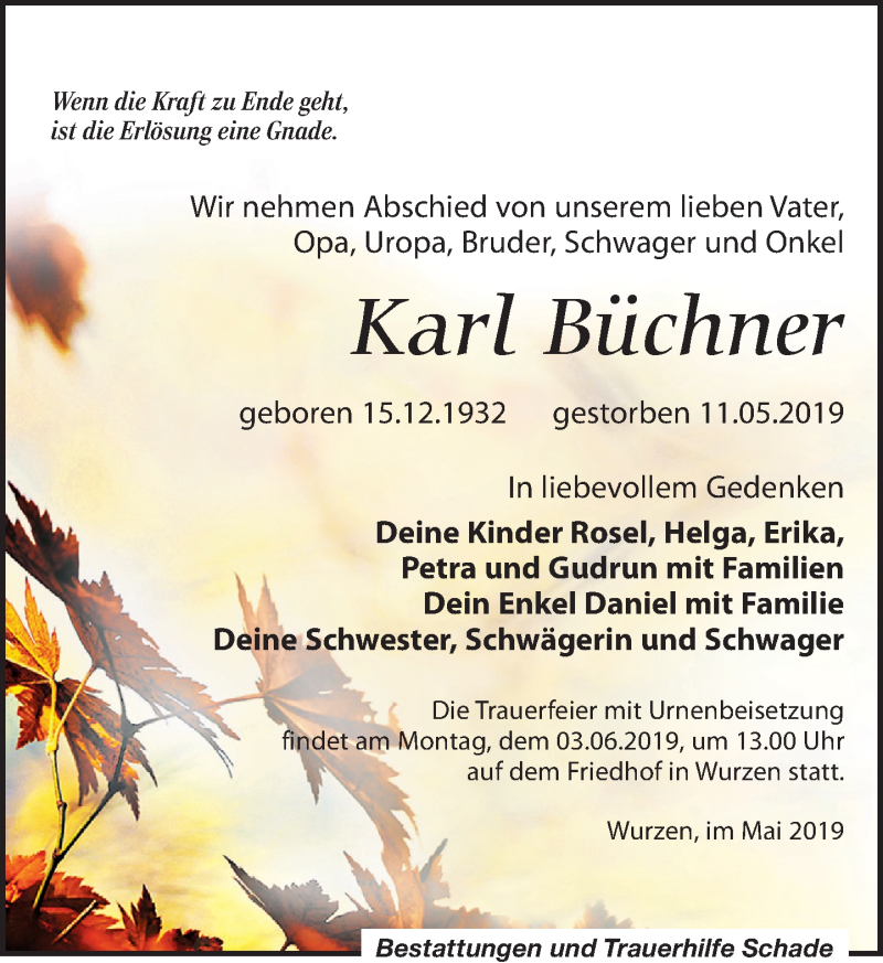 Traueranzeigen von Karl Büchner | trauer-anzeigen.de