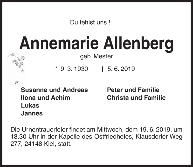 Traueranzeigen von Annemarie Allenberg | trauer-anzeigen.de
