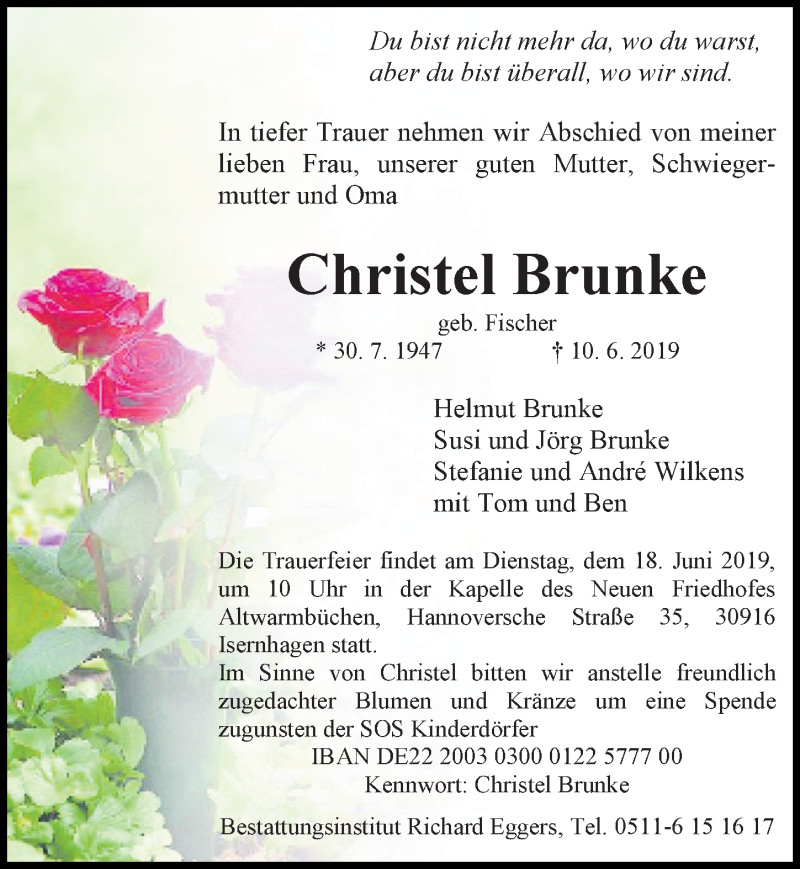 Traueranzeigen von Christel Brunke | trauer-anzeigen.de