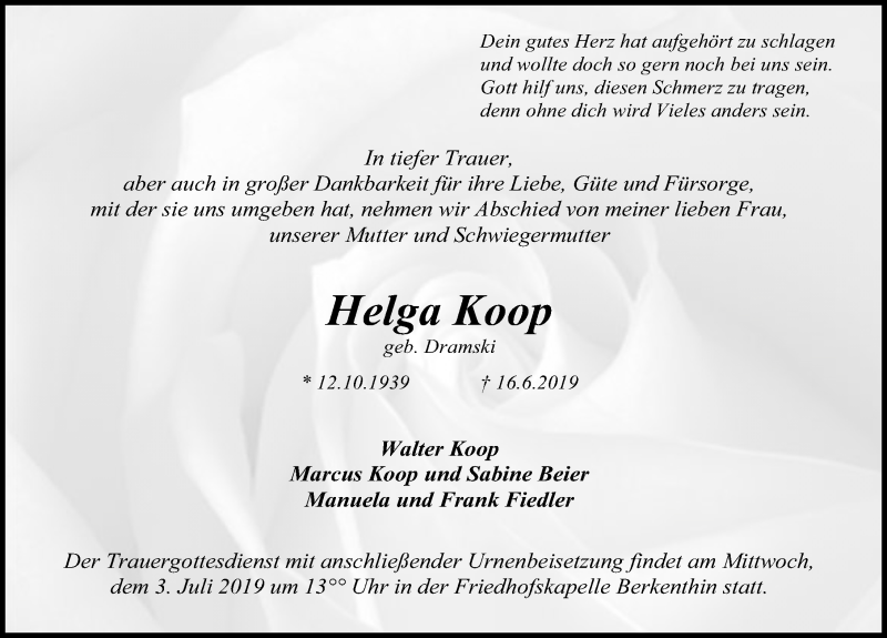 Traueranzeigen von Helga Koop | trauer-anzeigen.de