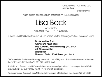 Traueranzeigen von Lisa Bock | trauer-anzeigen.de