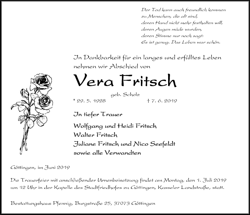 Traueranzeigen von Vera Fritsch | trauer-anzeigen.de