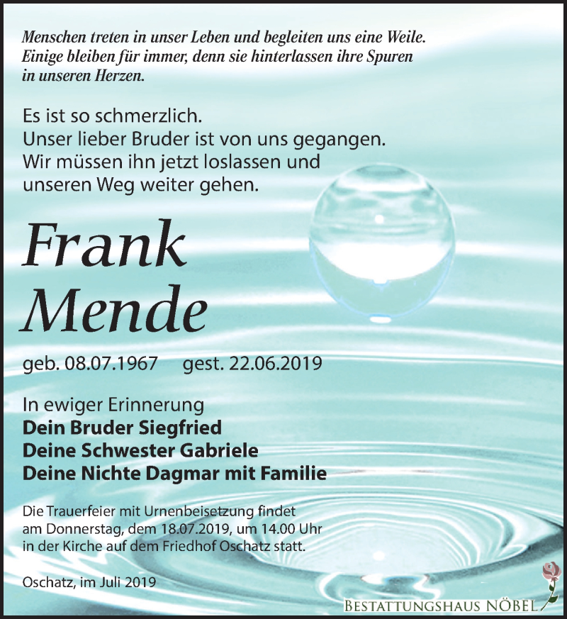 Traueranzeigen von Frank Mende | trauer-anzeigen.de