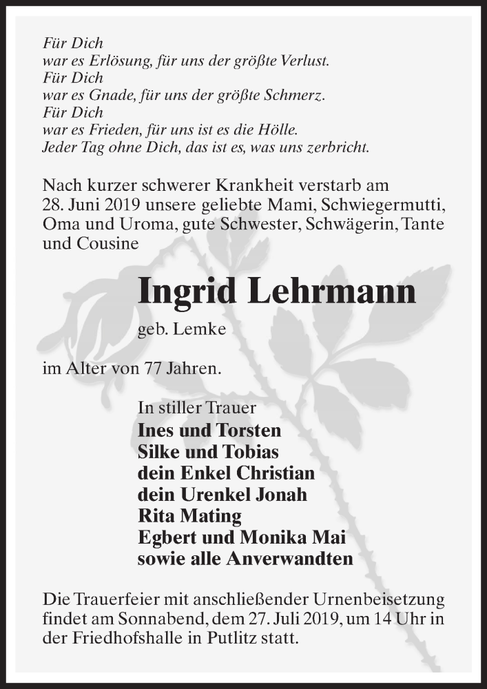Traueranzeigen von Ingrid Lehrmann | trauer-anzeigen.de