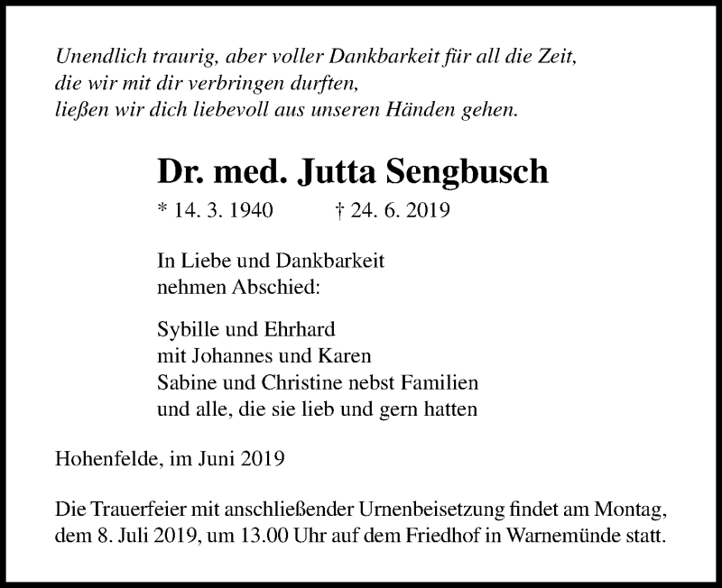 Traueranzeigen von Jutta Sengbusch | trauer-anzeigen.de