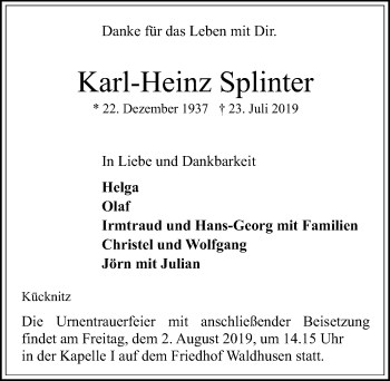 Traueranzeigen von Karl-Heinz Splinter | trauer-anzeigen.de