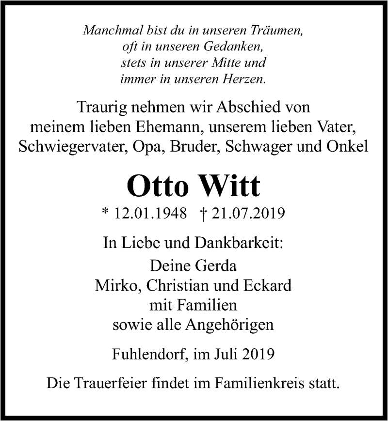 Traueranzeigen von Otto Witt | trauer-anzeigen.de