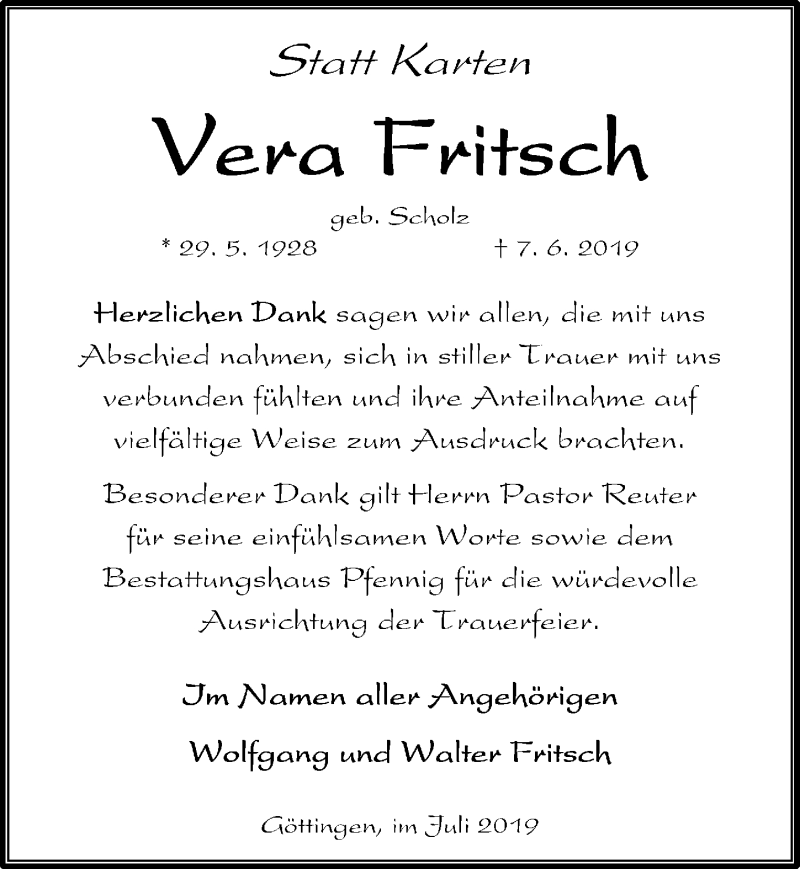 Traueranzeigen von Vera Fritsch | trauer-anzeigen.de