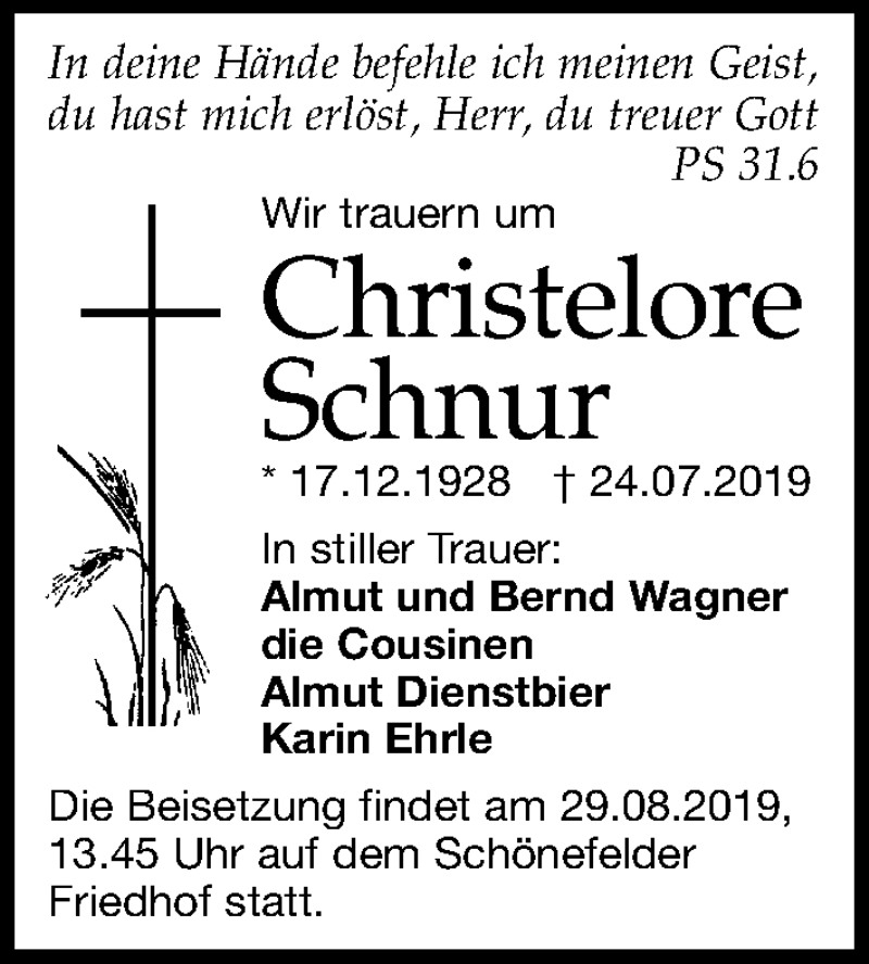 Traueranzeigen von Christelore Schnur | trauer-anzeigen.de