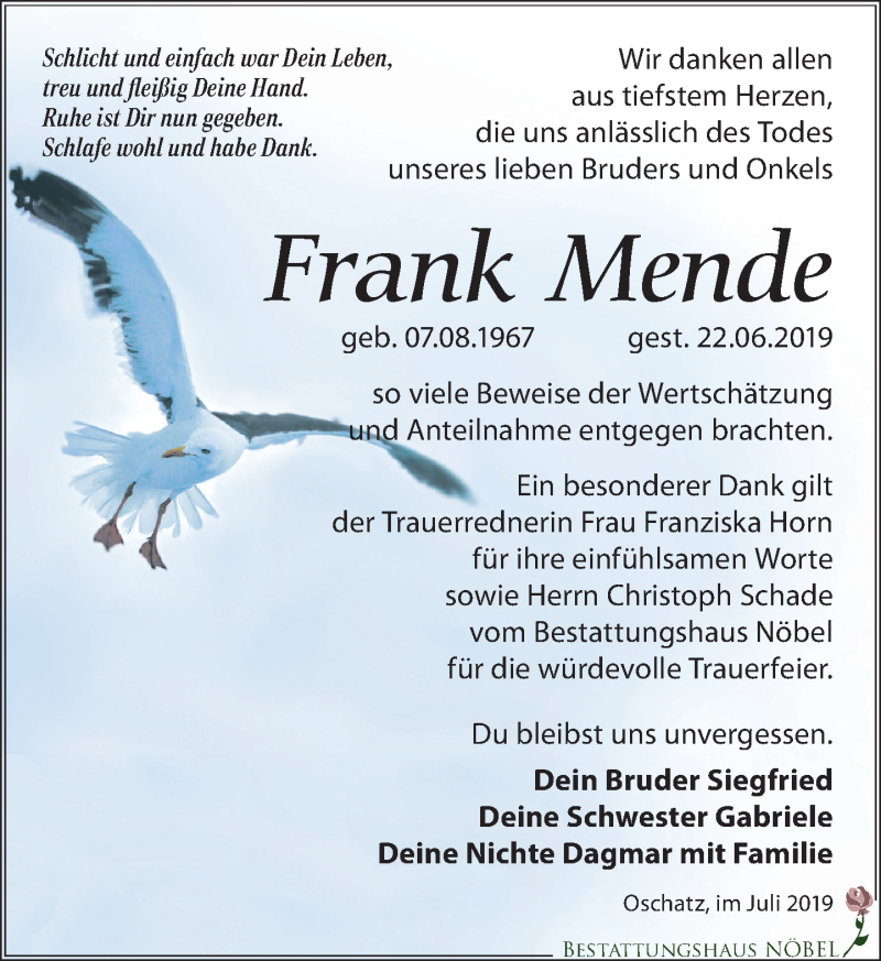 Traueranzeigen von Frank Mende | trauer-anzeigen.de