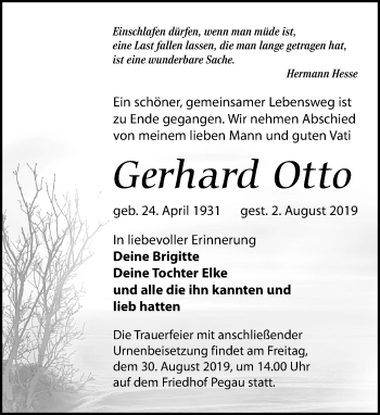 Traueranzeigen von Gerhard Otto | trauer-anzeigen.de