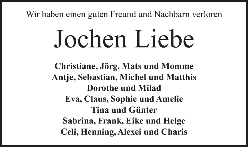 Traueranzeigen von Jochen Liebe | trauer-anzeigen.de