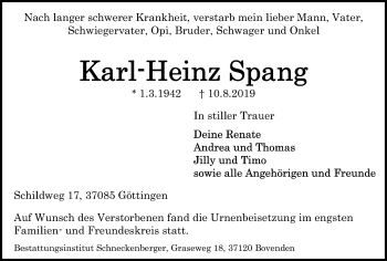Traueranzeigen von Karl-Heinz Spang | trauer-anzeigen.de