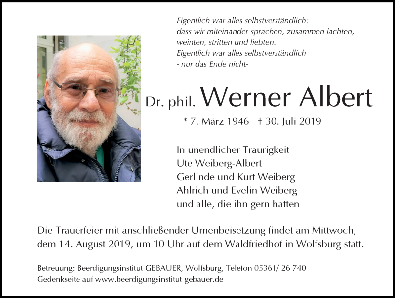 Traueranzeigen von Werner Albert | trauer-anzeigen.de