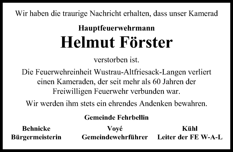 Traueranzeigen von Helmut Förster | trauer-anzeigen.de