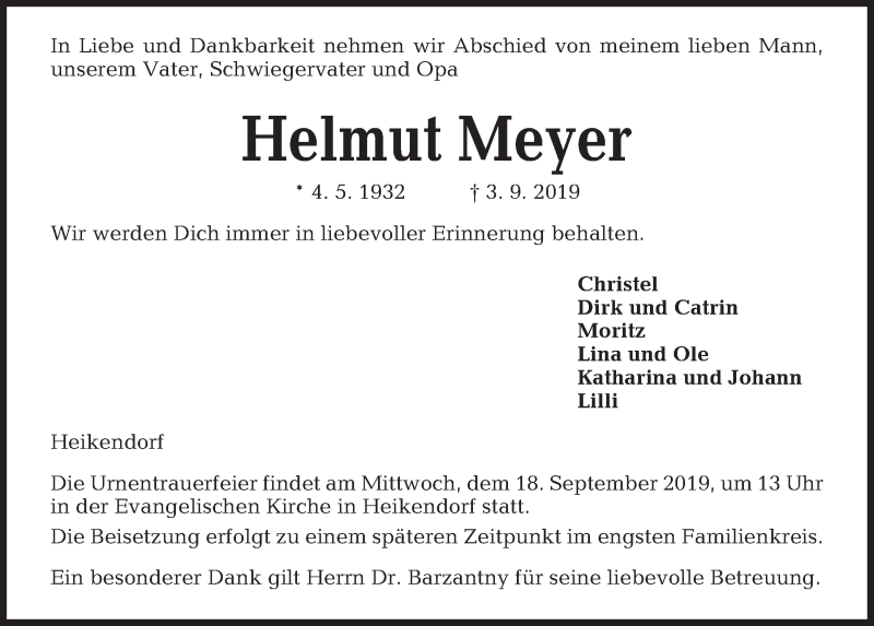 Traueranzeigen von Helmut Meyer | trauer-anzeigen.de