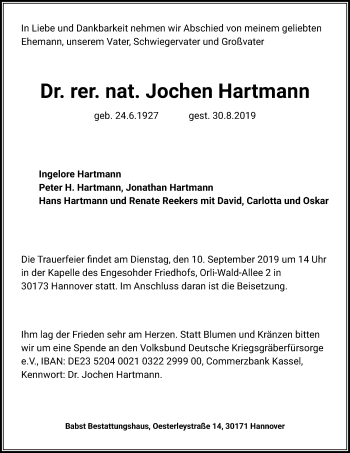 Traueranzeigen von Jochen Hartmann | trauer-anzeigen.de