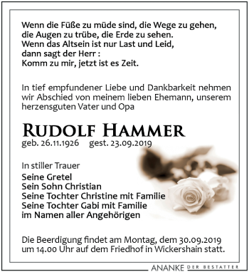 Traueranzeigen von Rudolf Hammer | trauer-anzeigen.de
