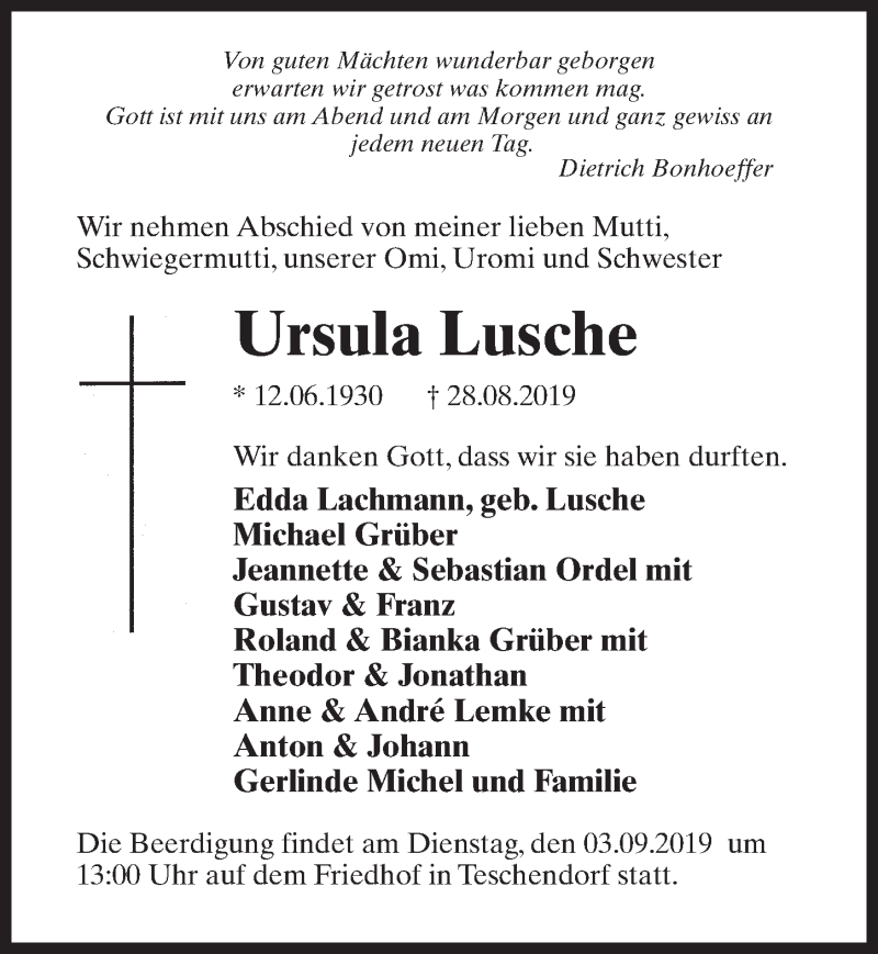 Traueranzeigen von Ursula Lusche | trauer-anzeigen.de