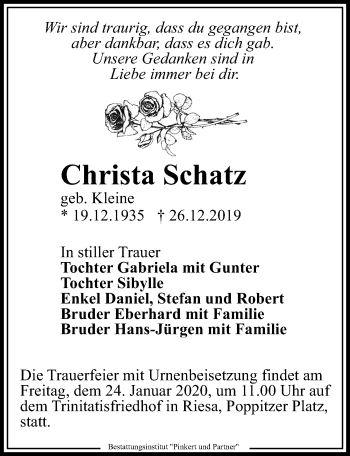 Traueranzeigen von Christa Schatz | trauer-anzeigen.de