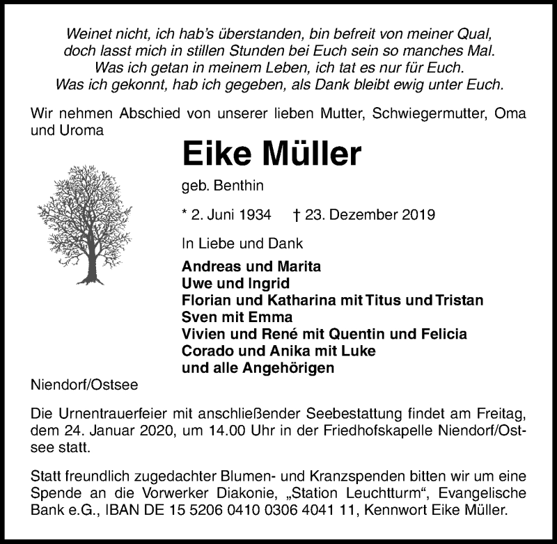 Traueranzeigen von Eike Müller | trauer-anzeigen.de