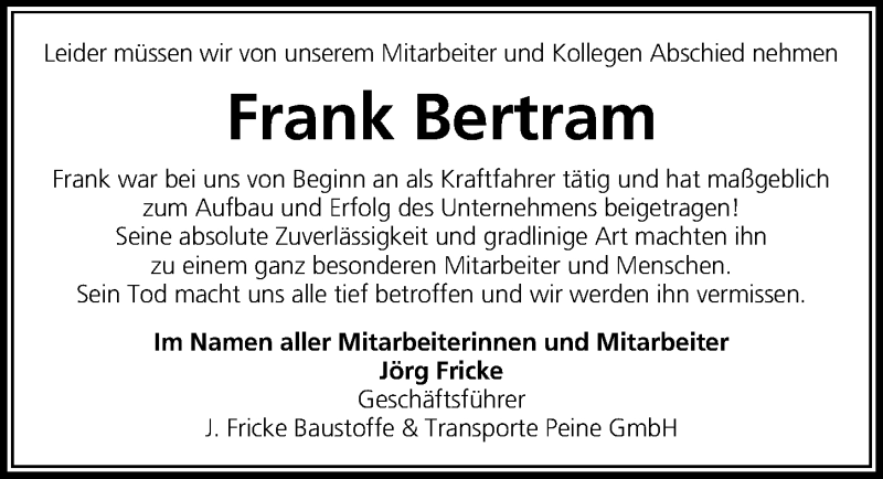 Traueranzeigen von Frank Bertram | trauer-anzeigen.de
