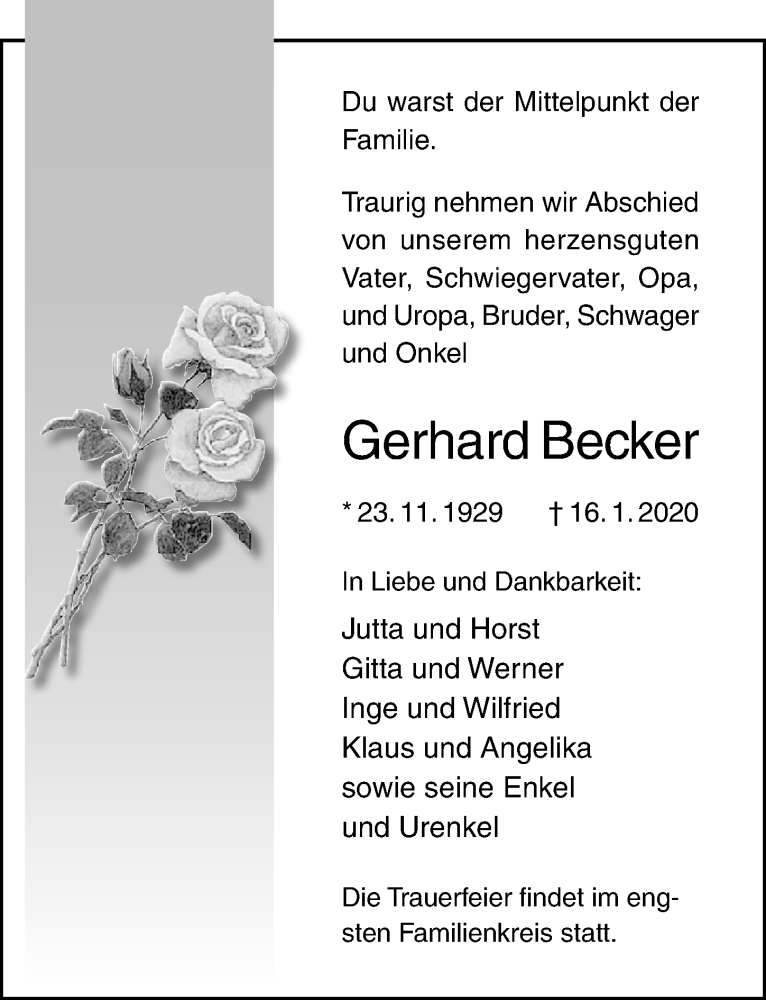 Traueranzeigen von Gerhard Becker | trauer-anzeigen.de