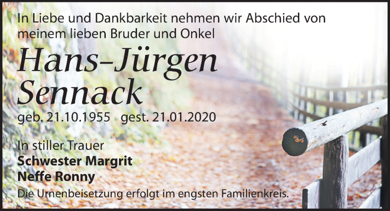 Traueranzeigen von Hans-Jürgen Sennack | trauer-anzeigen.de