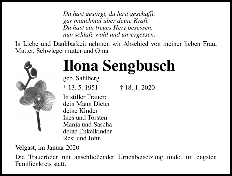 Traueranzeigen von Ilona Sengbusch | trauer-anzeigen.de