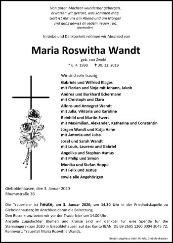 Traueranzeigen von Maria Roswitha Wandt | trauer-anzeigen.de