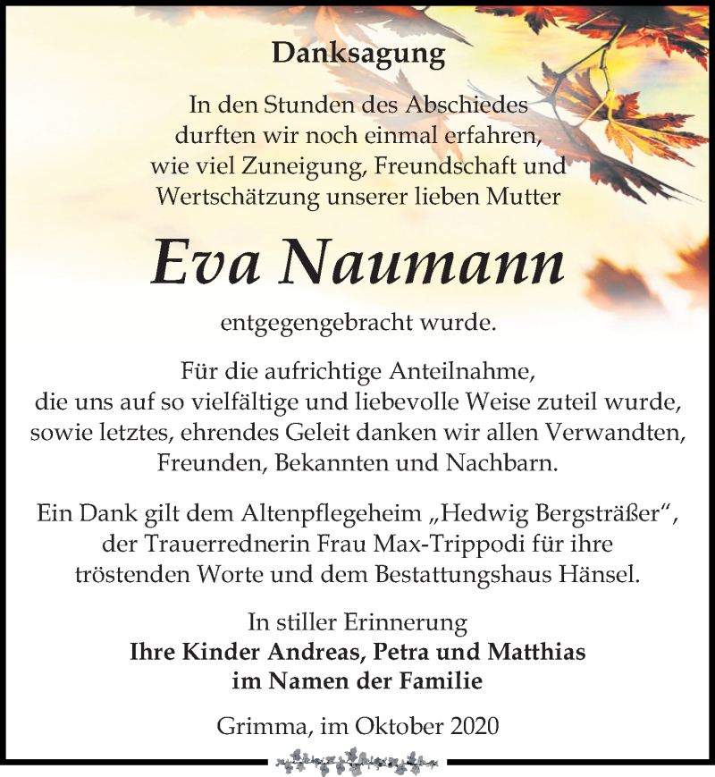 Traueranzeigen von Eva Naumann | trauer-anzeigen.de